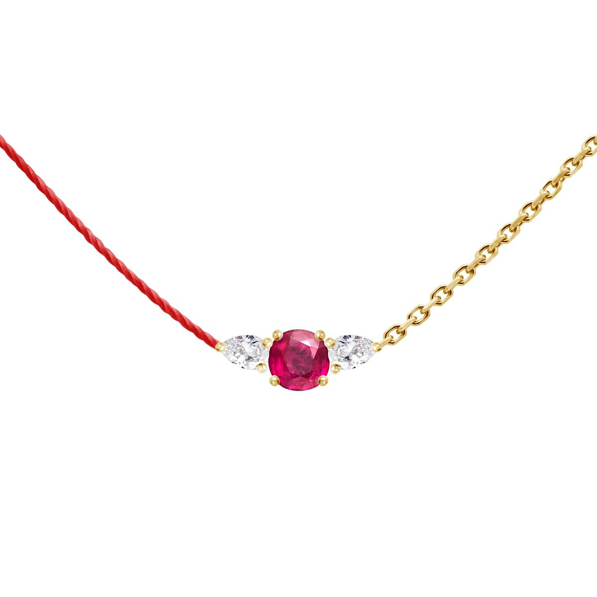 Redline necklace with one ruby and two pear-shaped diamonds on yellow ...